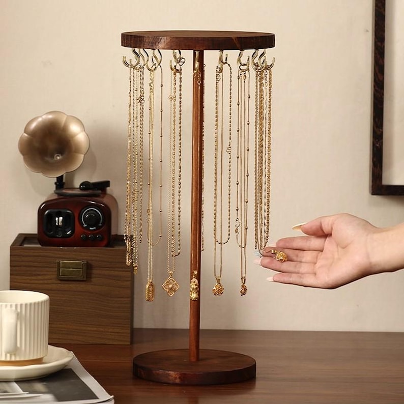 Walnut Wood Necklace Organizer Stand Vertical Jewelry Holder Display ...