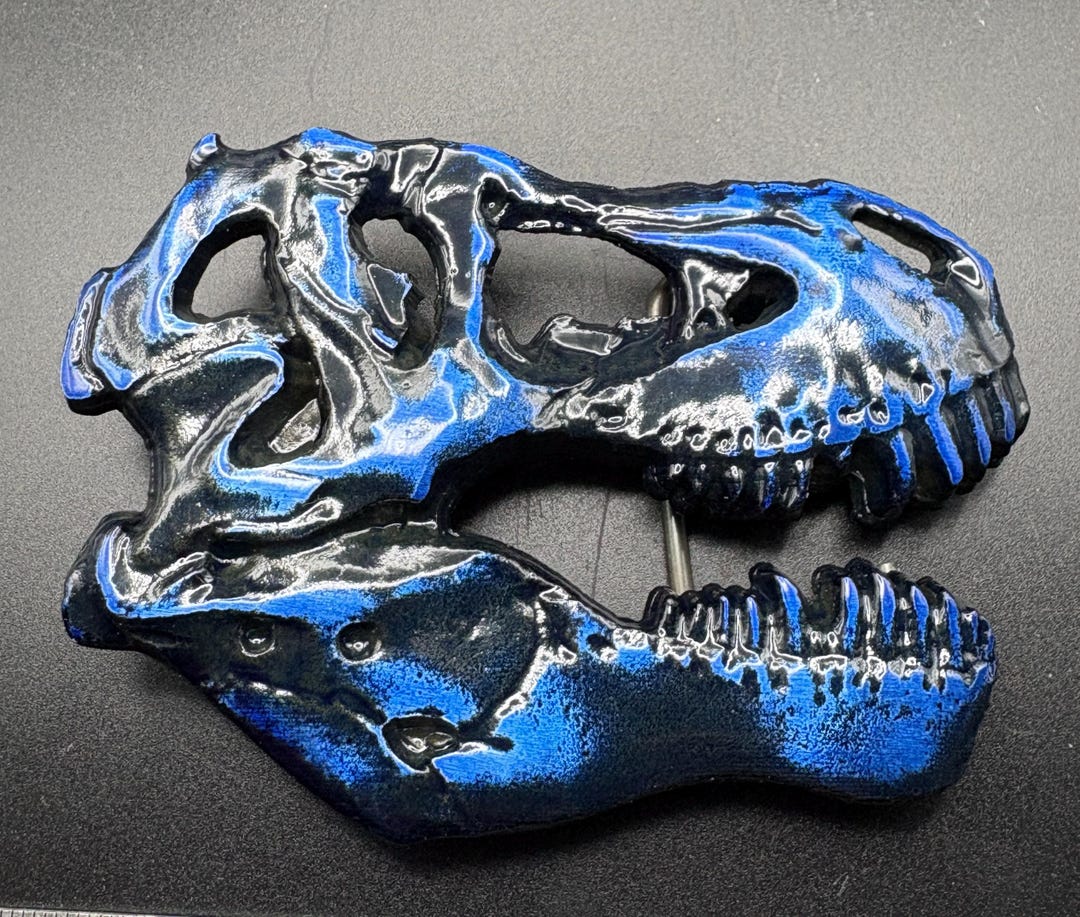 Tyrannosaurus Rex Blue Zinc Belt Buckle - 3-inch Dinosaur Skull Buckle ...