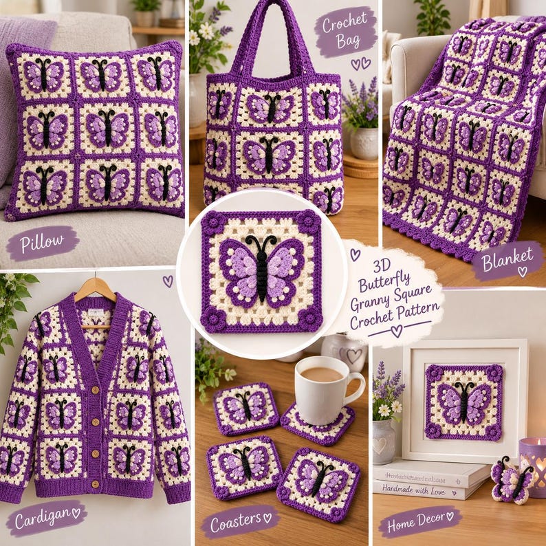 3D Butterfly Granny Square Crochet Pattern | Crochet Square Pattern ...