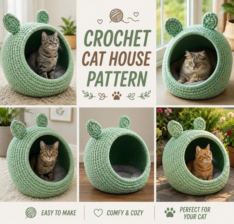 Crochet Cat House Pattern | Cozy Cat Cave, Pet Bed DIY (PDF Download ...
