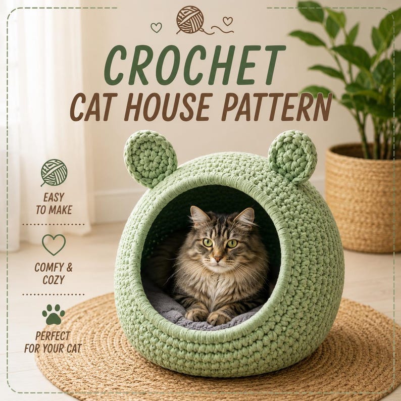 Crochet Cat House Pattern | Cozy Cat Cave, Pet Bed DIY (PDF Download ...