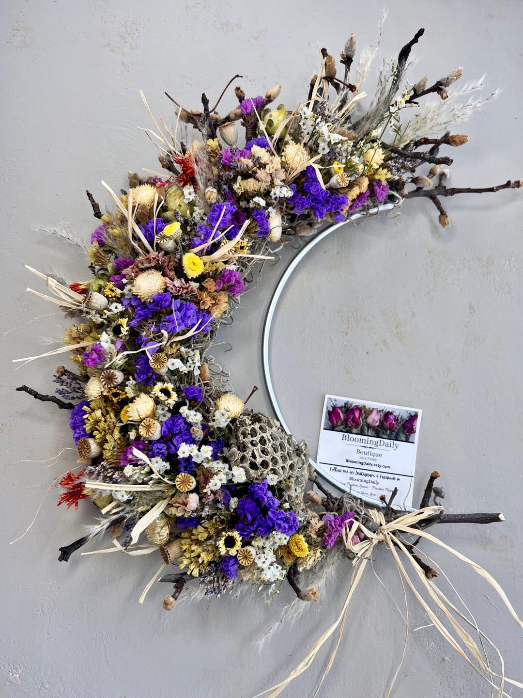 Dried Flower Moon Wreath, Everlasting Crescent Moon Wreath, Rustic ...