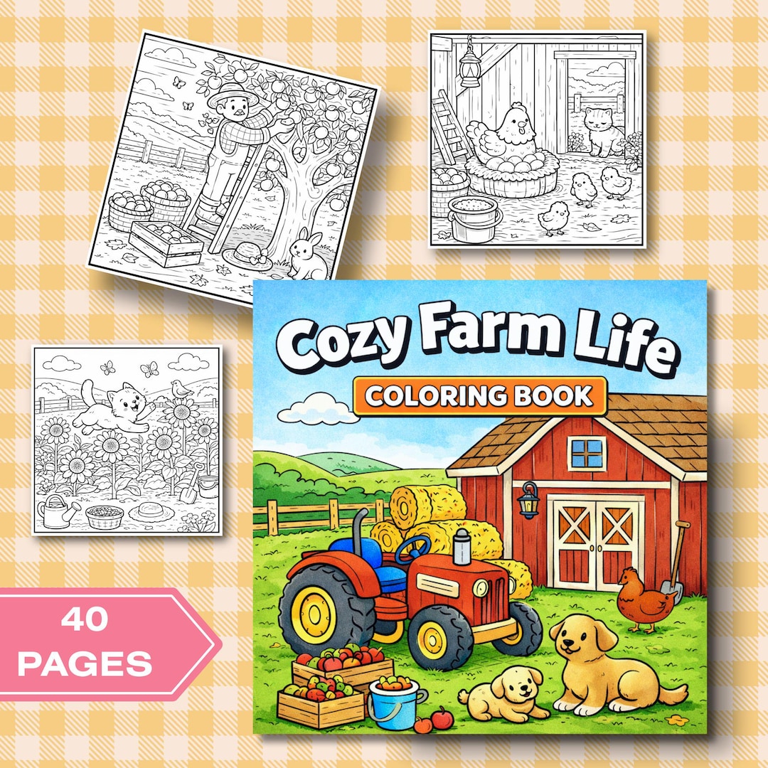 Cozy Farm Life Coloring Book, Cute Farm Animals Coloring Pages, Country ...