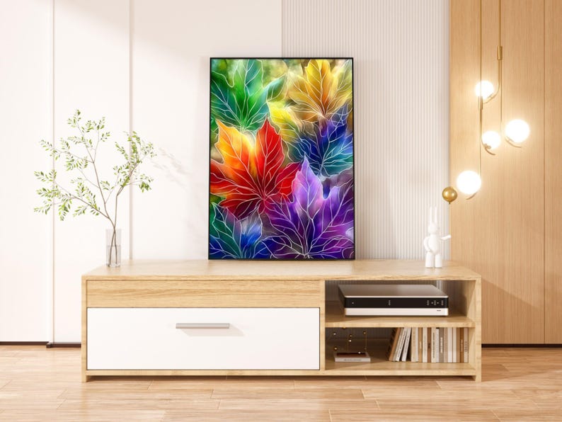 Rainbow Maple Leaf Stained Glass Art Print Botanical Boho Wall Decor ...