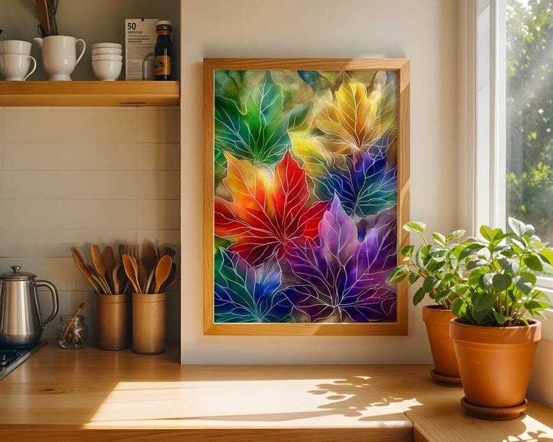 Rainbow Maple Leaf Stained Glass Art Print Botanical Boho Wall Decor ...