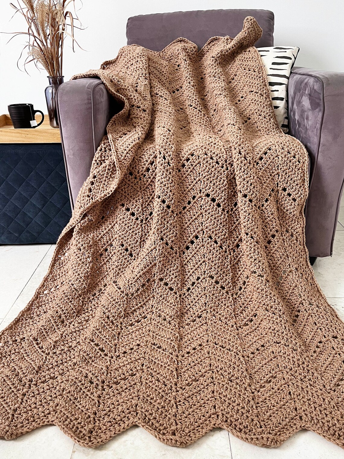 Neutral Sand Color Crochet Chevron Blanket Natural Home Decor Throw ...