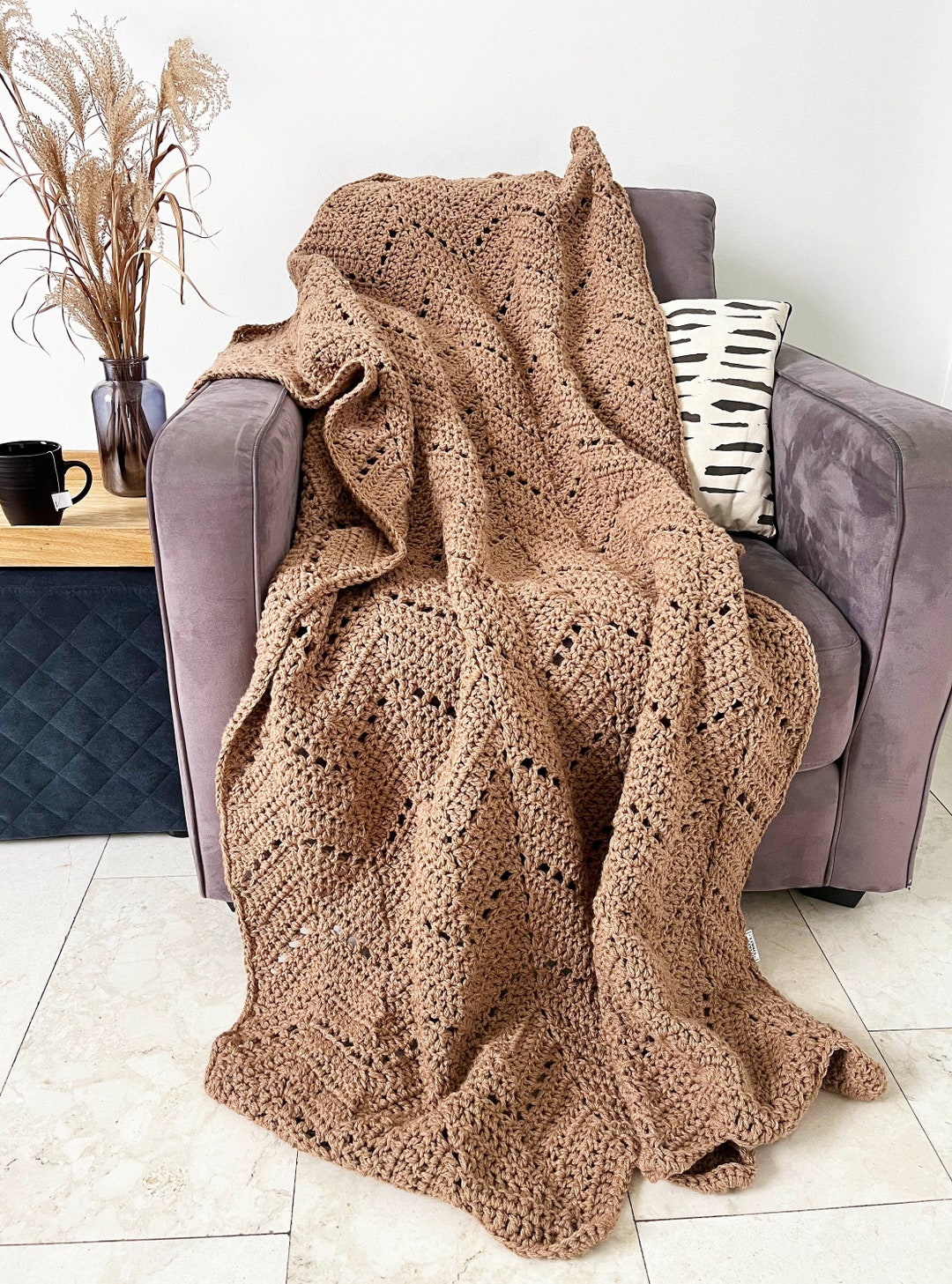 Neutral Sand Color Crochet Chevron Blanket - Natural Home Decor Throw ...