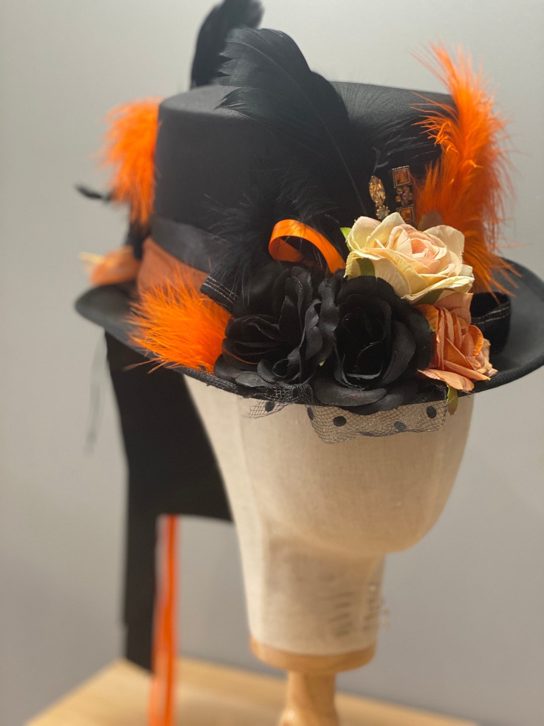 Victorian Style Black Orange Top Hat Roses Feather Wedding Races ...