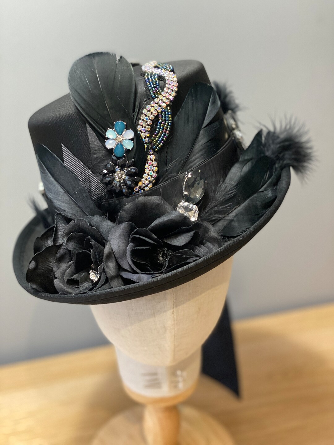 Black Evening Wedding Top Hat Turquoise Beads & White Diamante' With ...