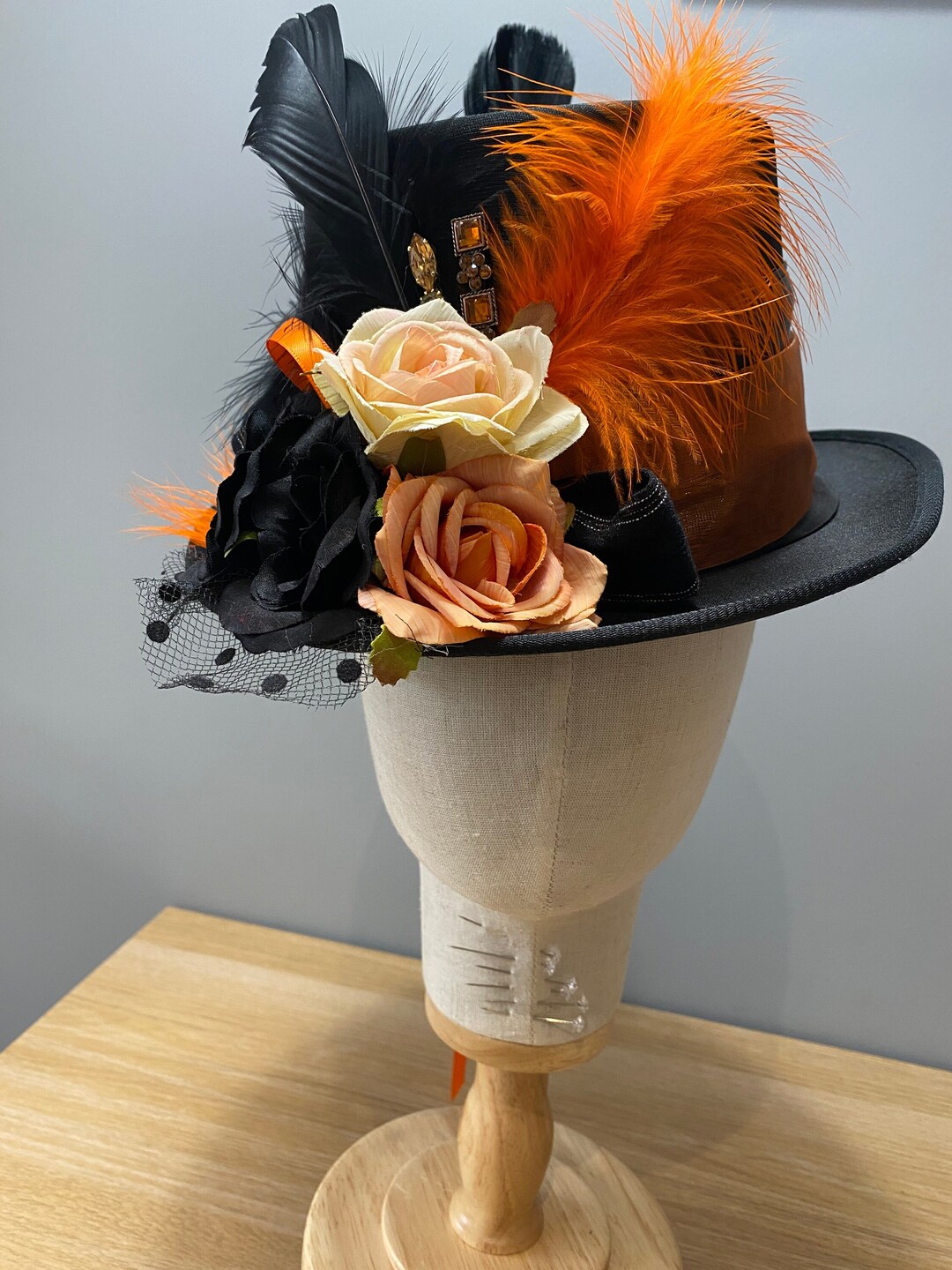 Victorian Style Black Orange Top Hat Roses Feather Wedding - Etsy