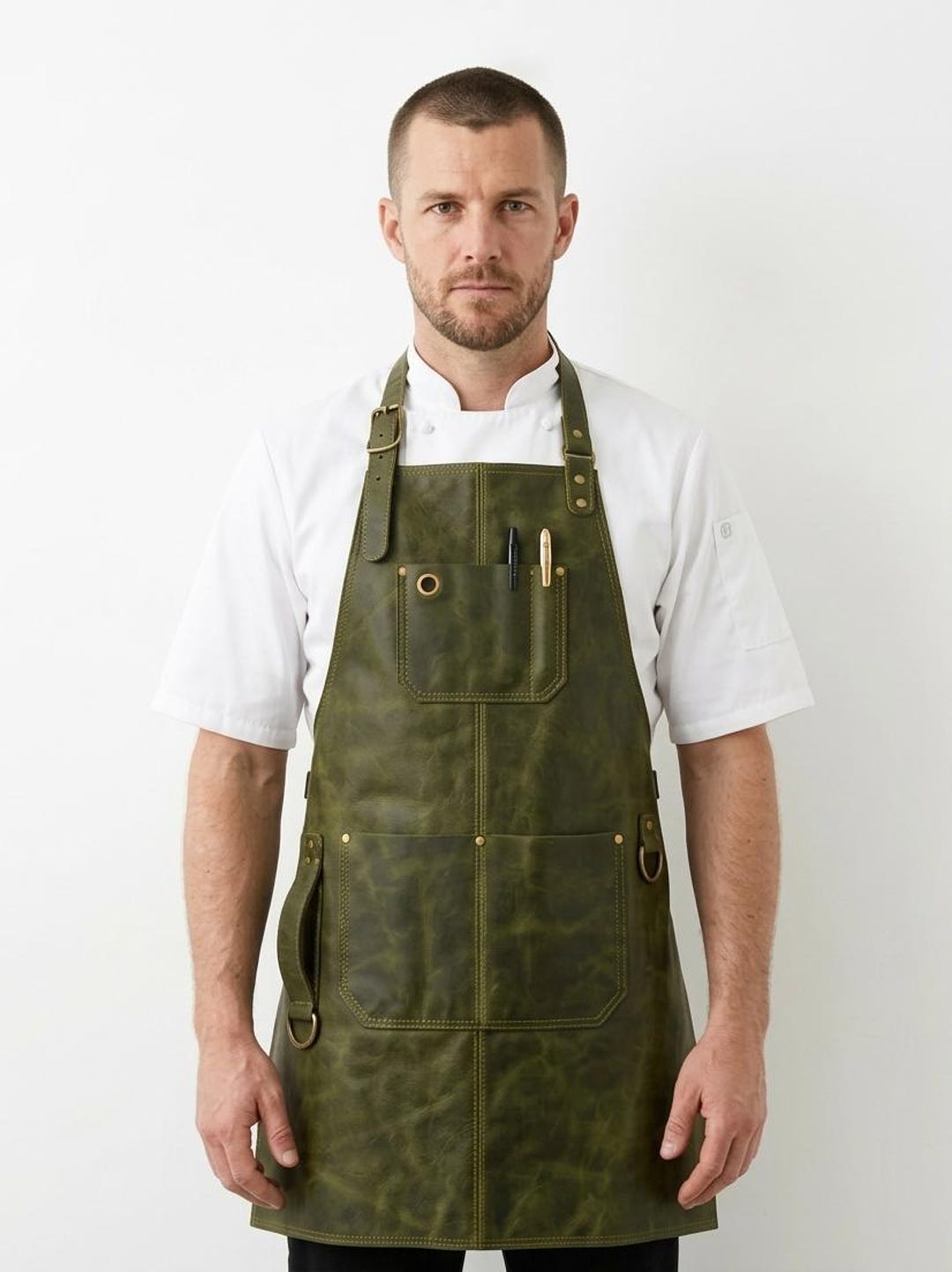 Olive Green Leather Chef Apron – Professional Artisan Workwear ...