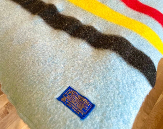 Vintage 68x78" PENDLETON Wool Camp Blanket Striped Blue Red Black ...