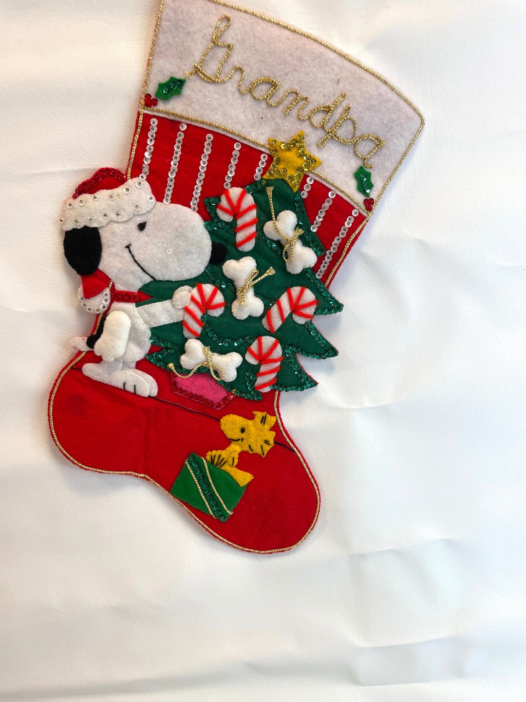 Vintage RARE SNOOPY & WOODSTOCK Completed Finished Handmade Felt Sequin ...
