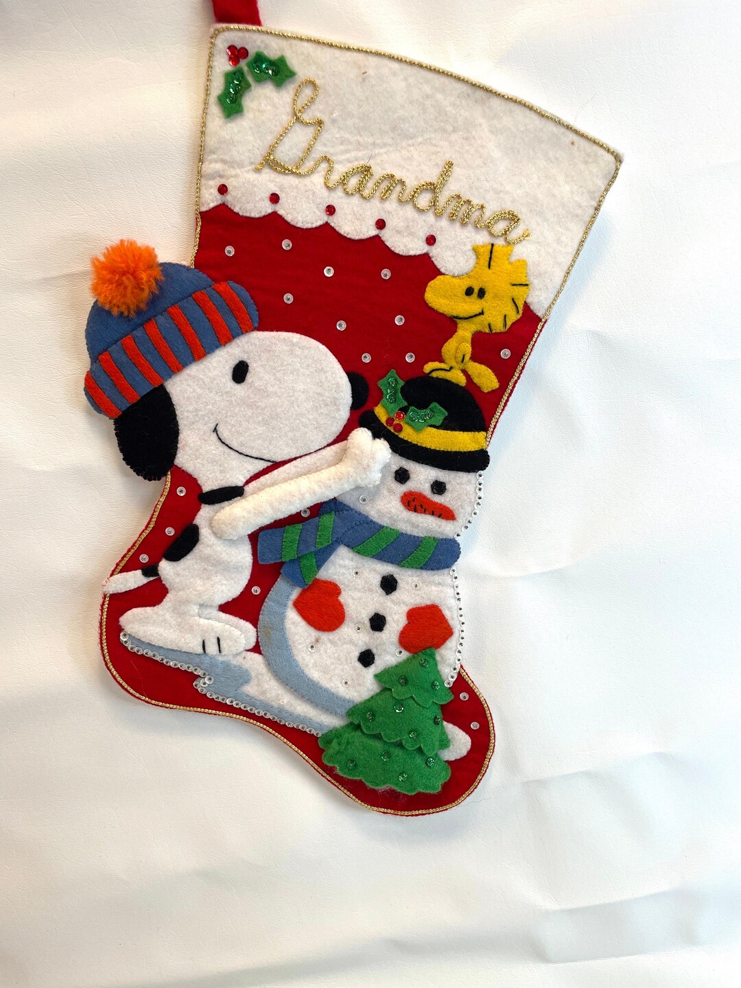 Vintage RARE SNOOPY & WOODSTOCK Completed Finished Handmade Felt Sequin ...