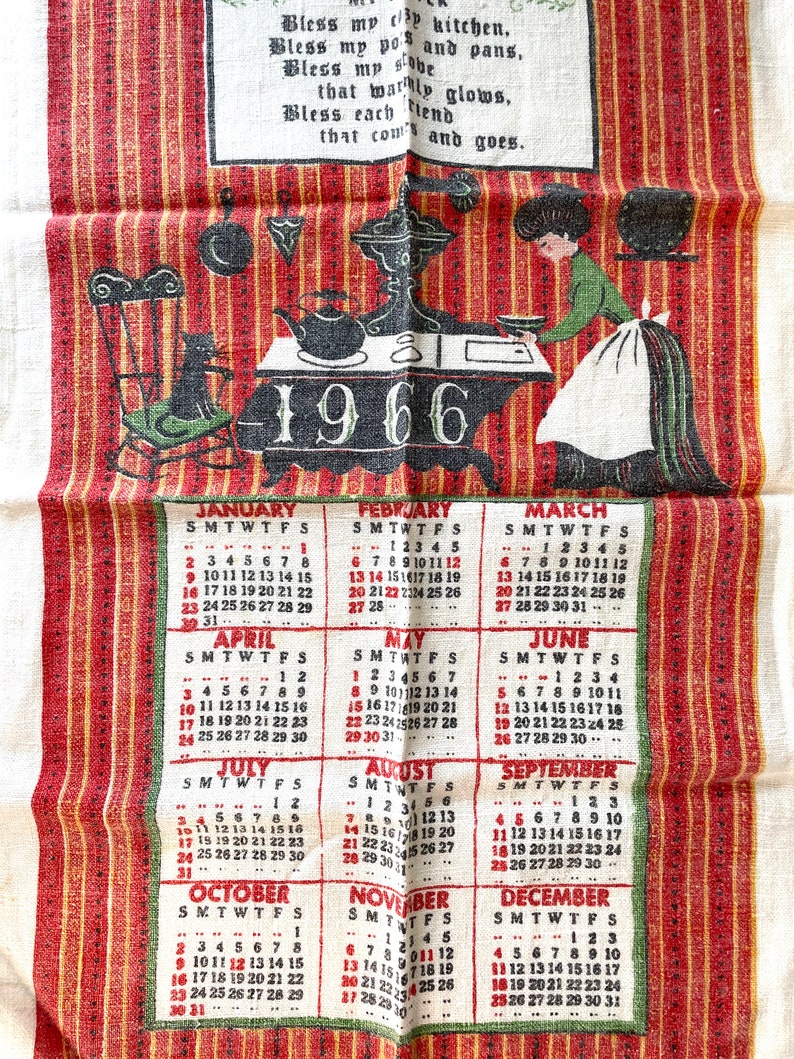Vintage 1966 Retro Housewife Calendar Pure Linen Cotton Tea Kitchen ...