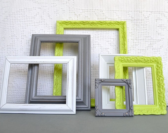 Lime Green Grey White Ornate Frames Set of 6 Upcycled - Etsy