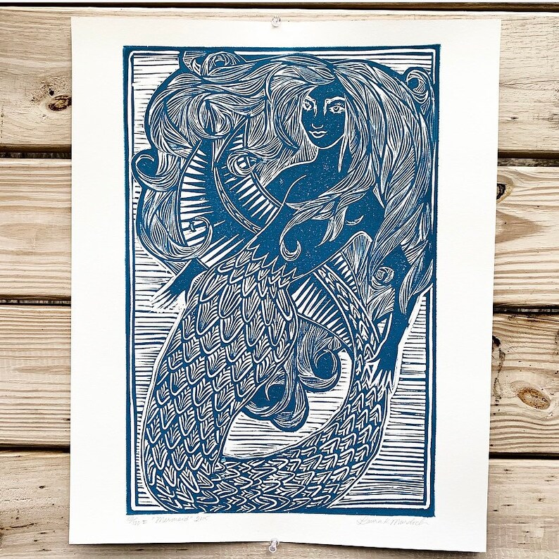 Mermaid linocut print | Etsy