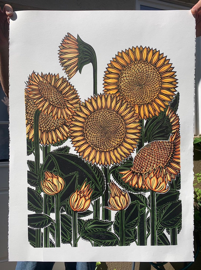 Sunflower patch-large linocut print | Etsy