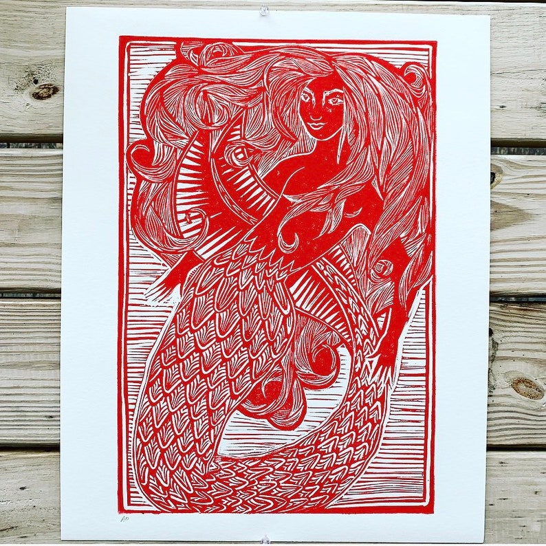 Mermaid Linocut Print - Etsy