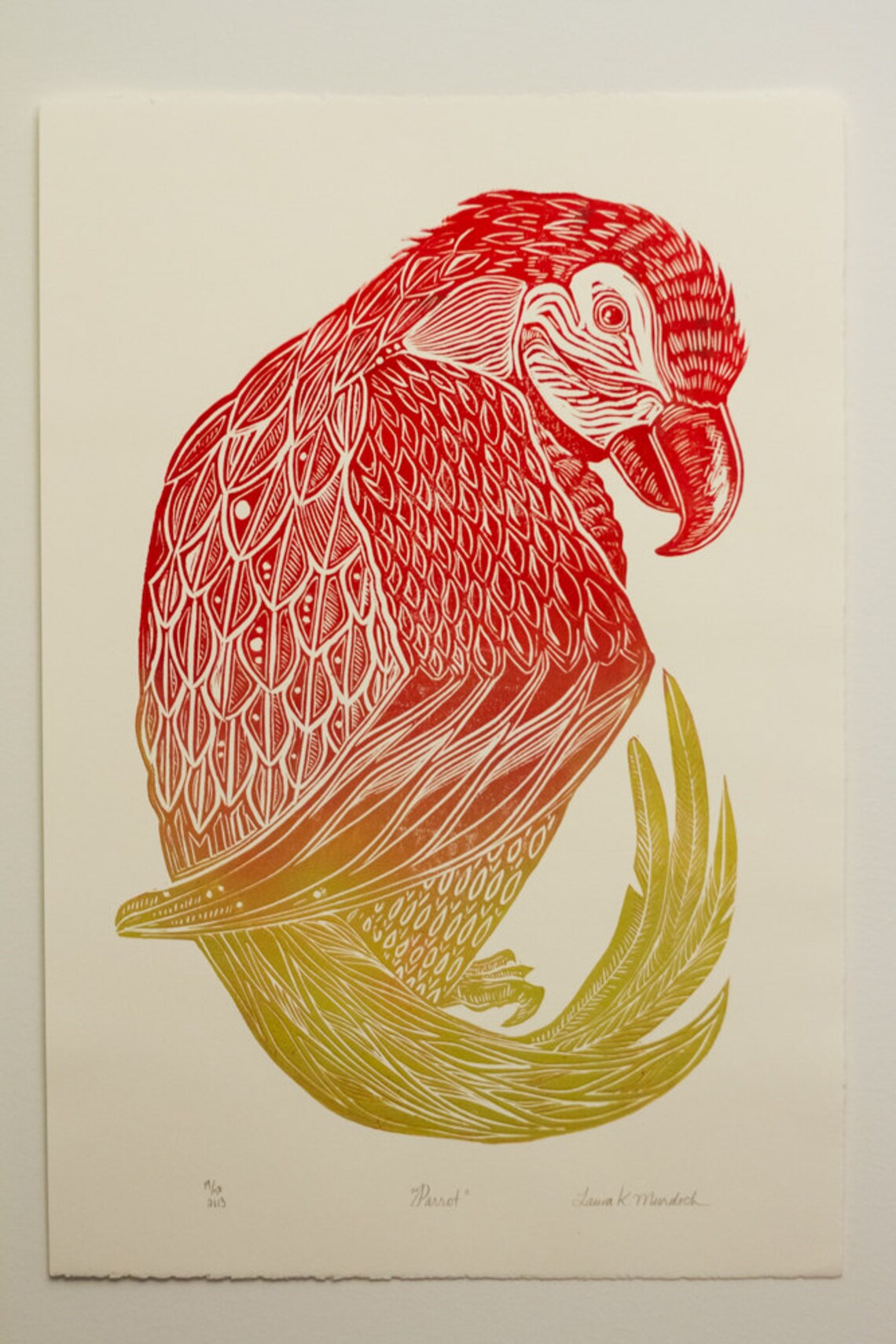 Linocut Parrot - Scarlet and Gold - Many Colors Available - Etsy