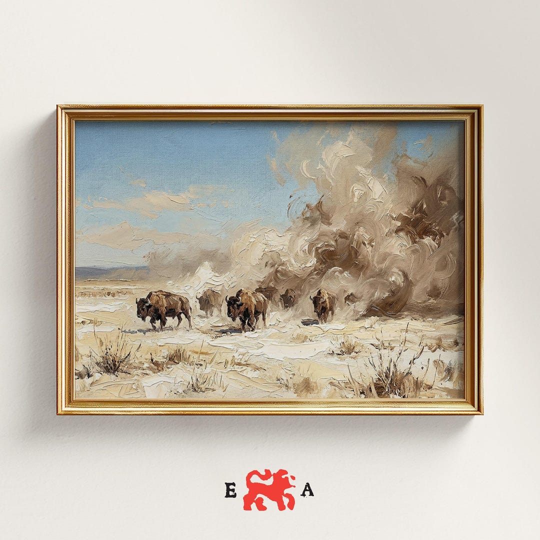 Antique Bison Stampede Landscape Art Print, Vintage Impressionist ...