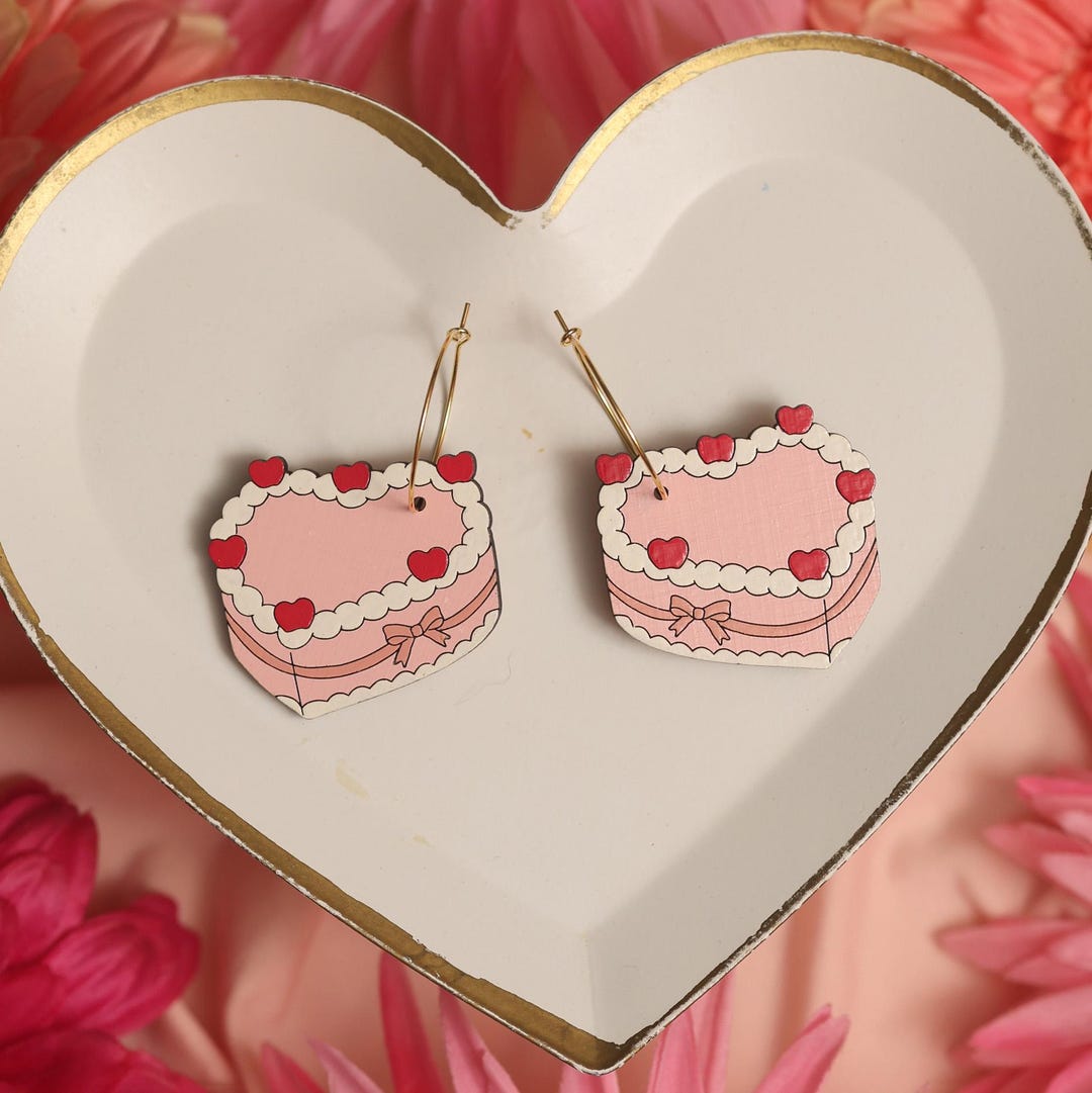 Heart Cake Hoop Earrings: Hand-painted Baltic Birch, 18k Gold-plated ...