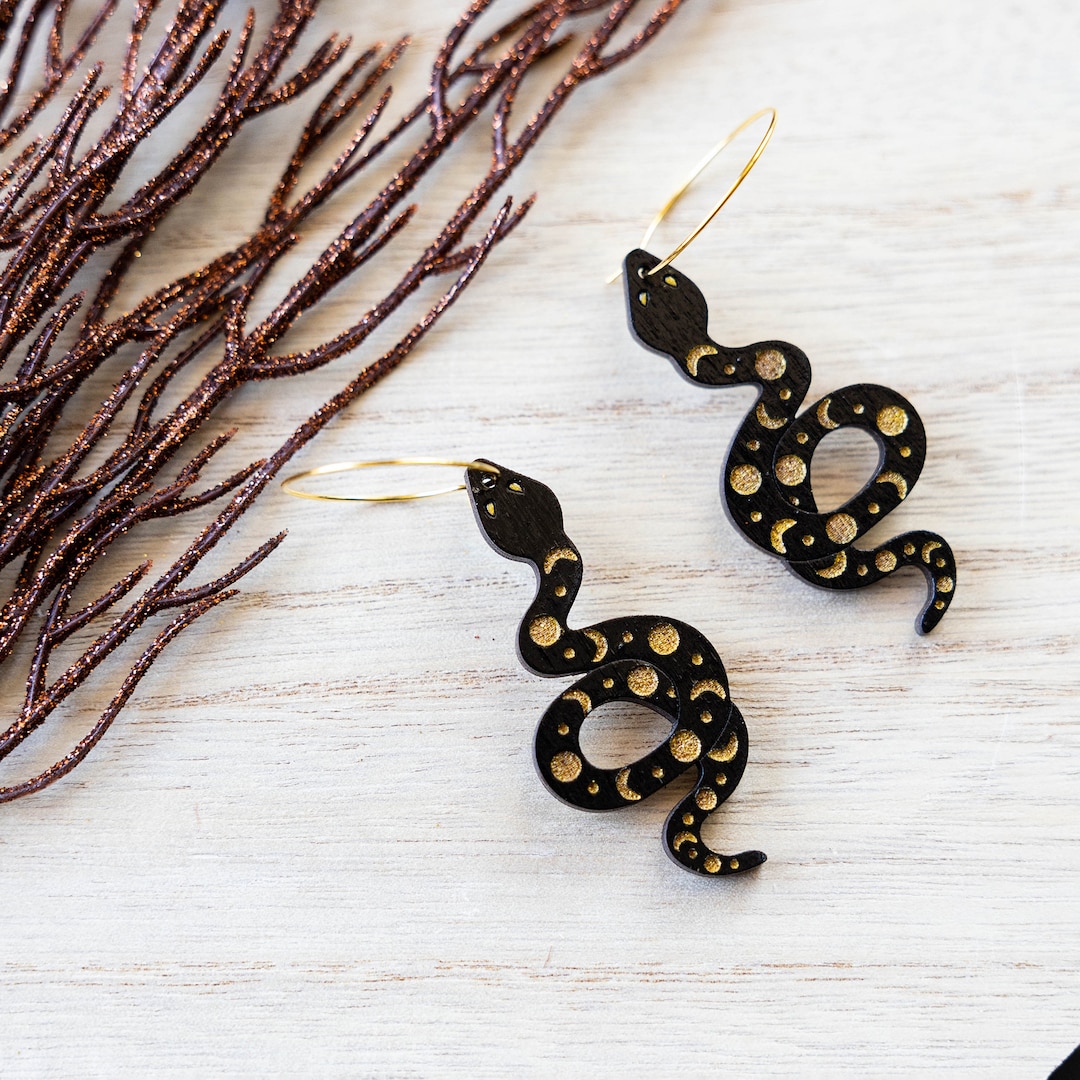 Moon Phases Snake Hoop Earrings, Hand-painted Black and Gold Snake ...