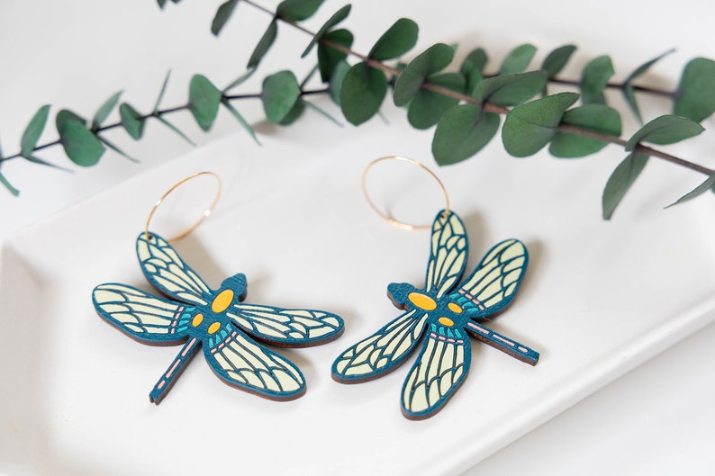 Dragonfly Hoop Earrings, Hand Painted Wooden Dragonfly Hoops, 70s Muted ...