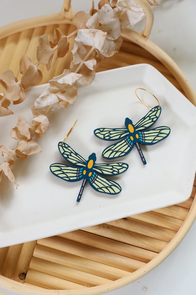 Dragonfly Hoop Earrings Hand Painted Wooden Dragonfly Hoops - Etsy
