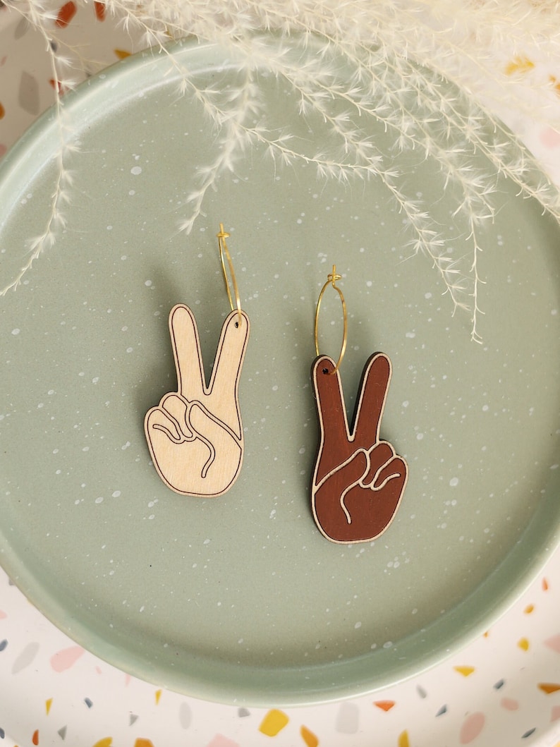 Black and White Peace Sign Hands Hoop Earrings, Hand-painted Wooden ...