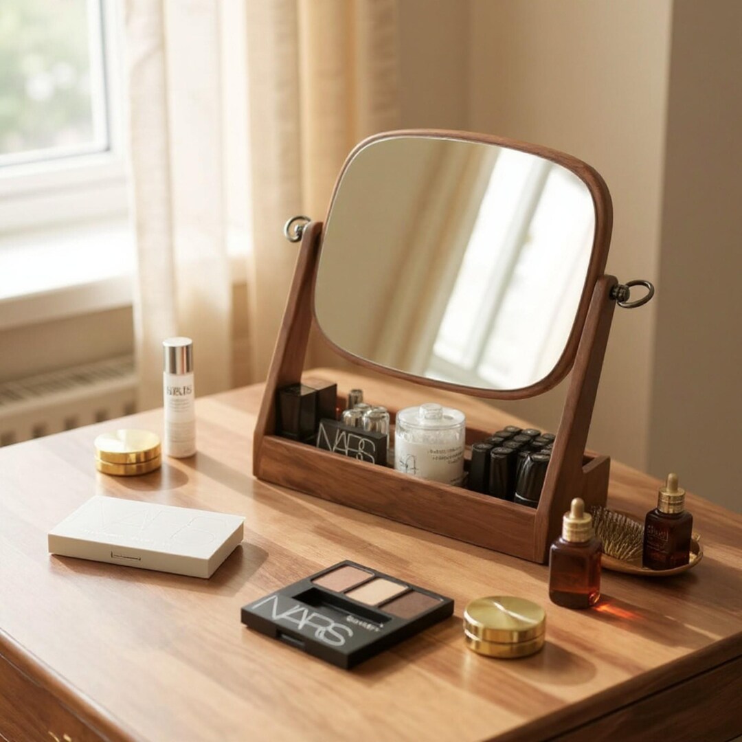 Black Walnut Vanity Mirror Jewelry Box – Rotating Makeup Organizer ...