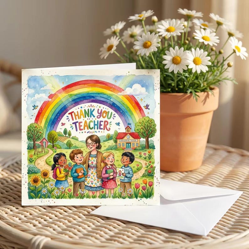 Rainbow Thank You Teacher Card, Teacher Appreciation End of Term Card ...