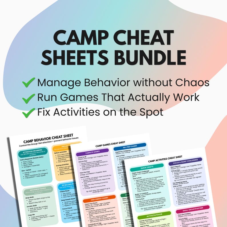 Camp Cheat Sheet Bundle | Behavior, Games & Activities for Kids, Camp ...