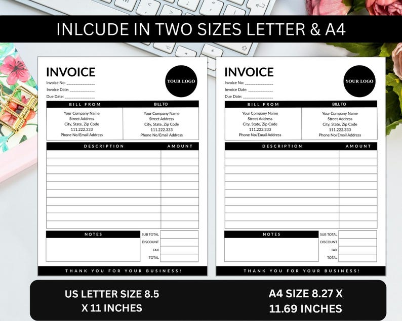 Editable Invoice Template Canva, Printable A4 US Letter Small Business ...