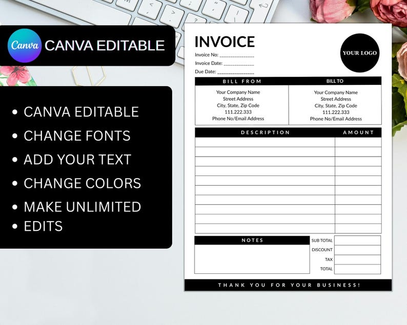 Editable Invoice Template Canva, Printable A4 US Letter Small Business ...