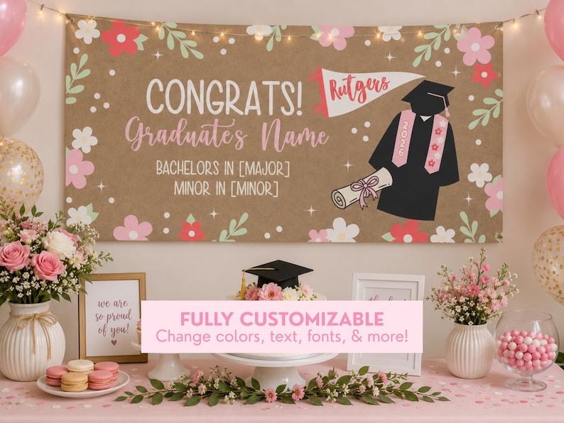 Floral Graduation Banner Template | Editable Canva Party Sign (3ft X ...