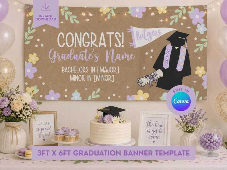 Floral Graduation Banner Template | Editable Canva Party Sign (3ft X ...