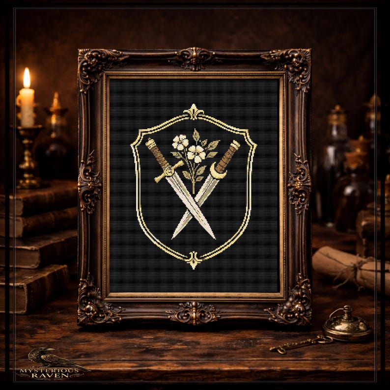Crossed Swords Crest Cross Stitch Pattern: Floral Shield Emblem ...