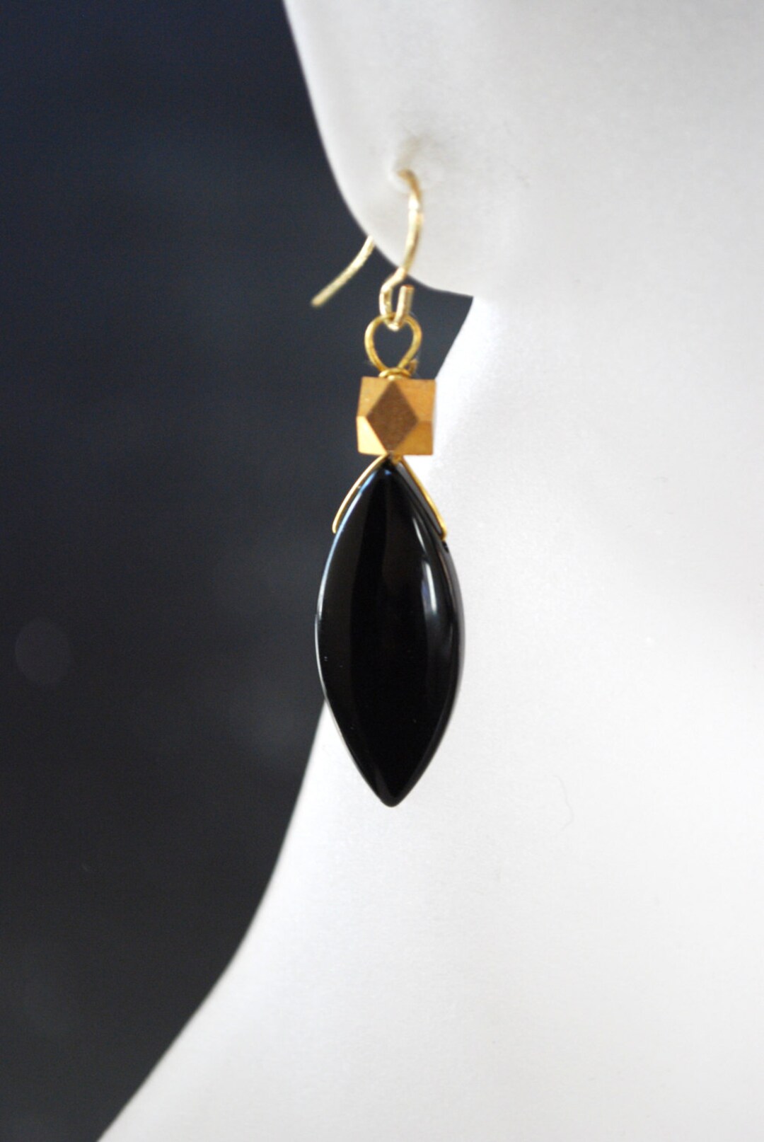 Black Drop Earrings -- Gold Geometric Cube, Black Glass Teardrops, Gold ...