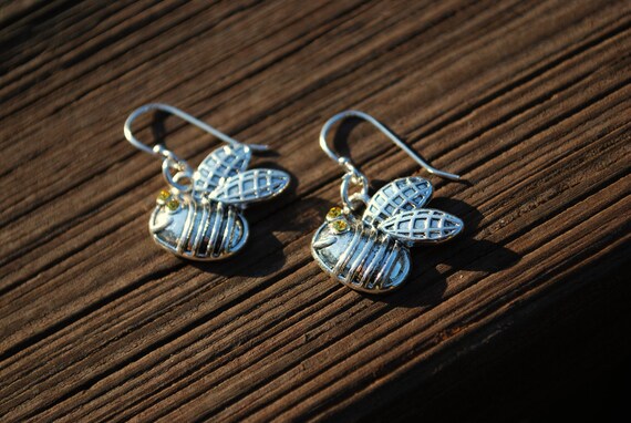 Bumble Bee Earrings Yellow Swarovski Crystals Silver Bumble Bees Silver Bee Earrings Etsy