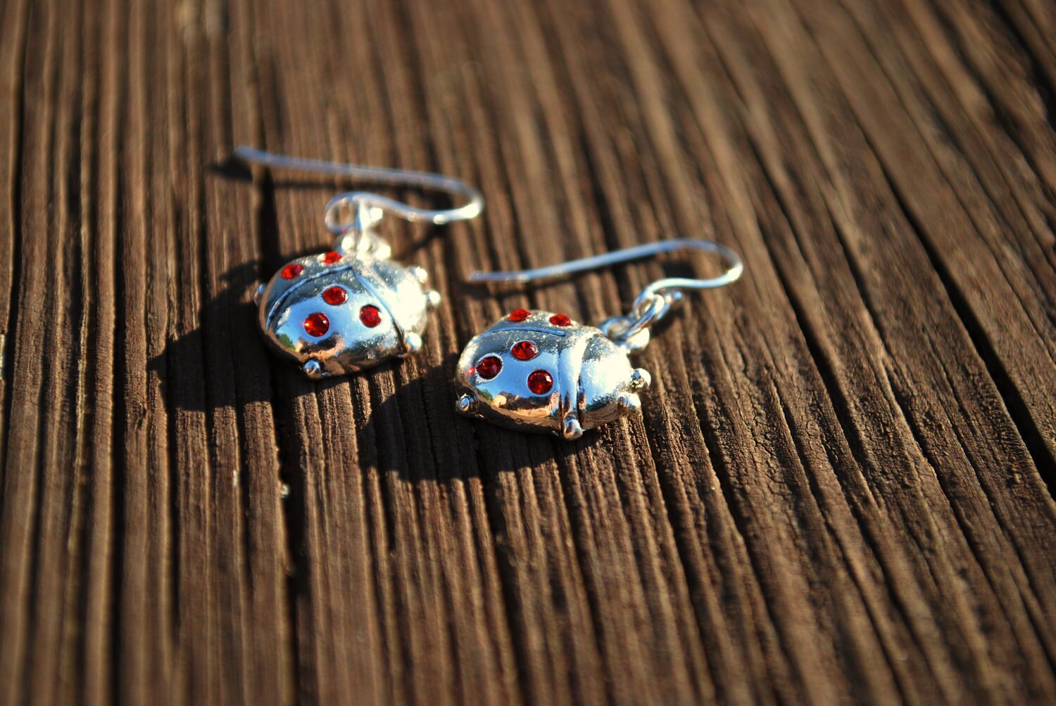 Ear2There Ladybug Earrings Red Swarovski Crystals Silver Ladybugs Silver