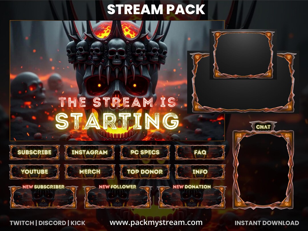 Dark Skull Crown Stream Overlay Pack Animated | Fire Lava Twitch ...