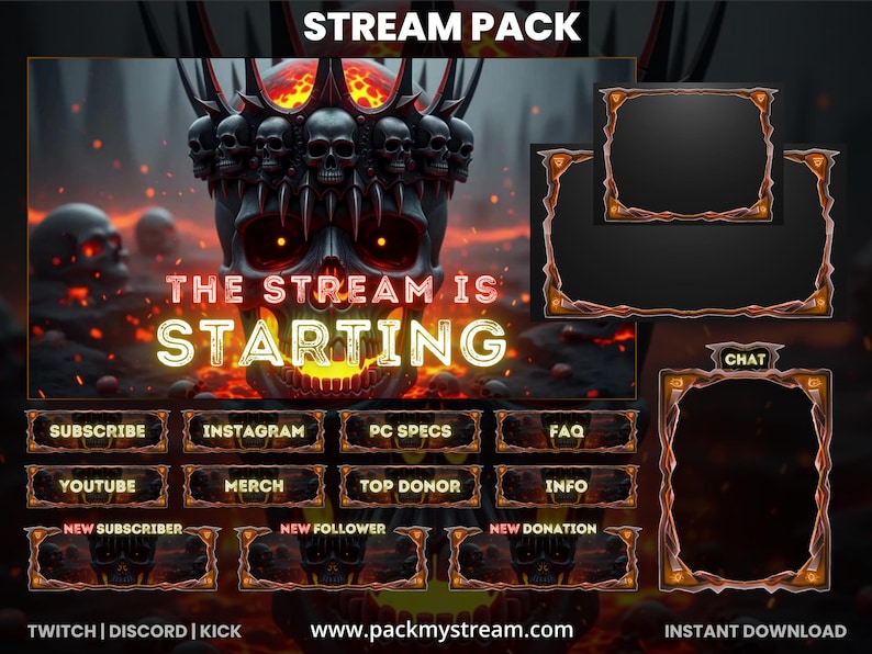 Dark Skull Crown Stream Overlay Pack Animated | Fire Lava Twitch ...