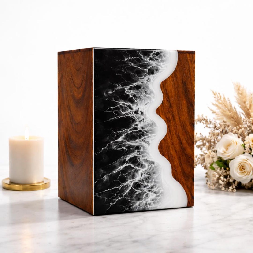 Handmade Wooden Urn Box With Black & White Resin Lightning Design ...