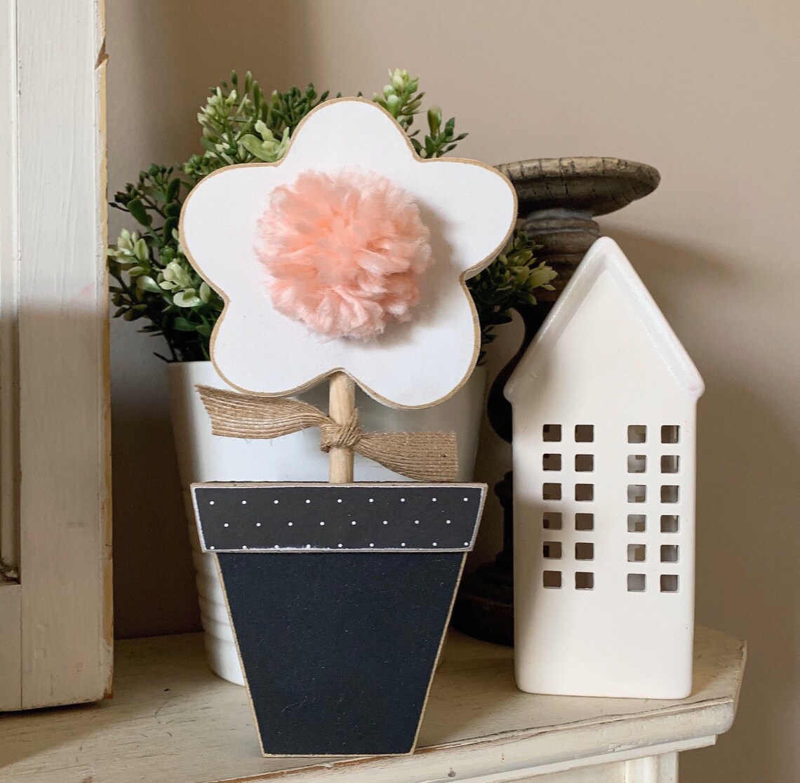 Wood flower wood pot summer decor spring farmhouse pom | Etsy