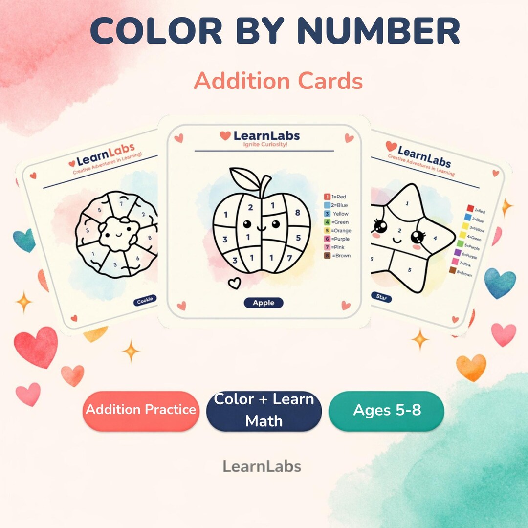 Color by Number Addition Cards, Food Shapes Math Activity (digital ...