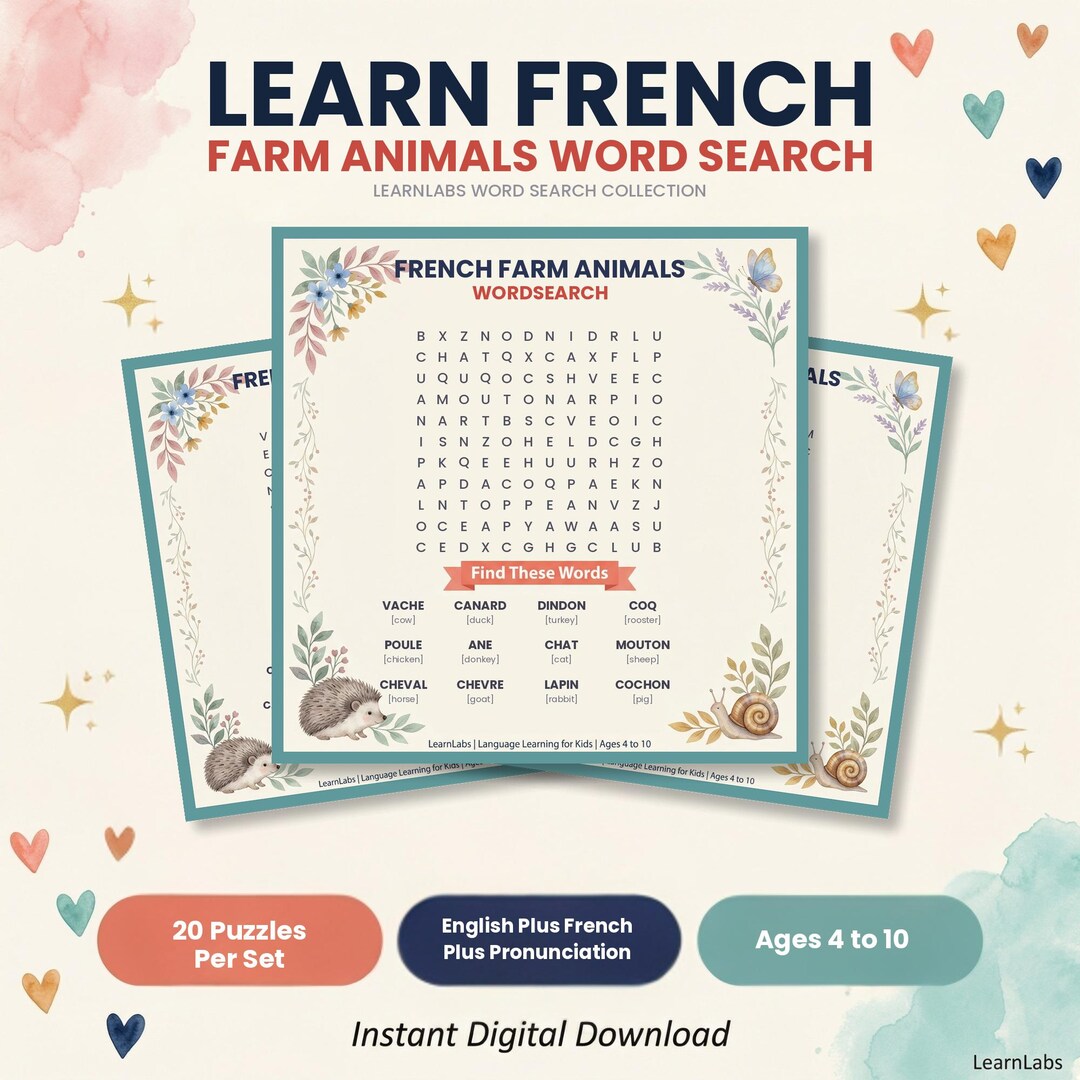 French Farm Animals Word Search Puzzle – Vocabulary Learning Activity ...
