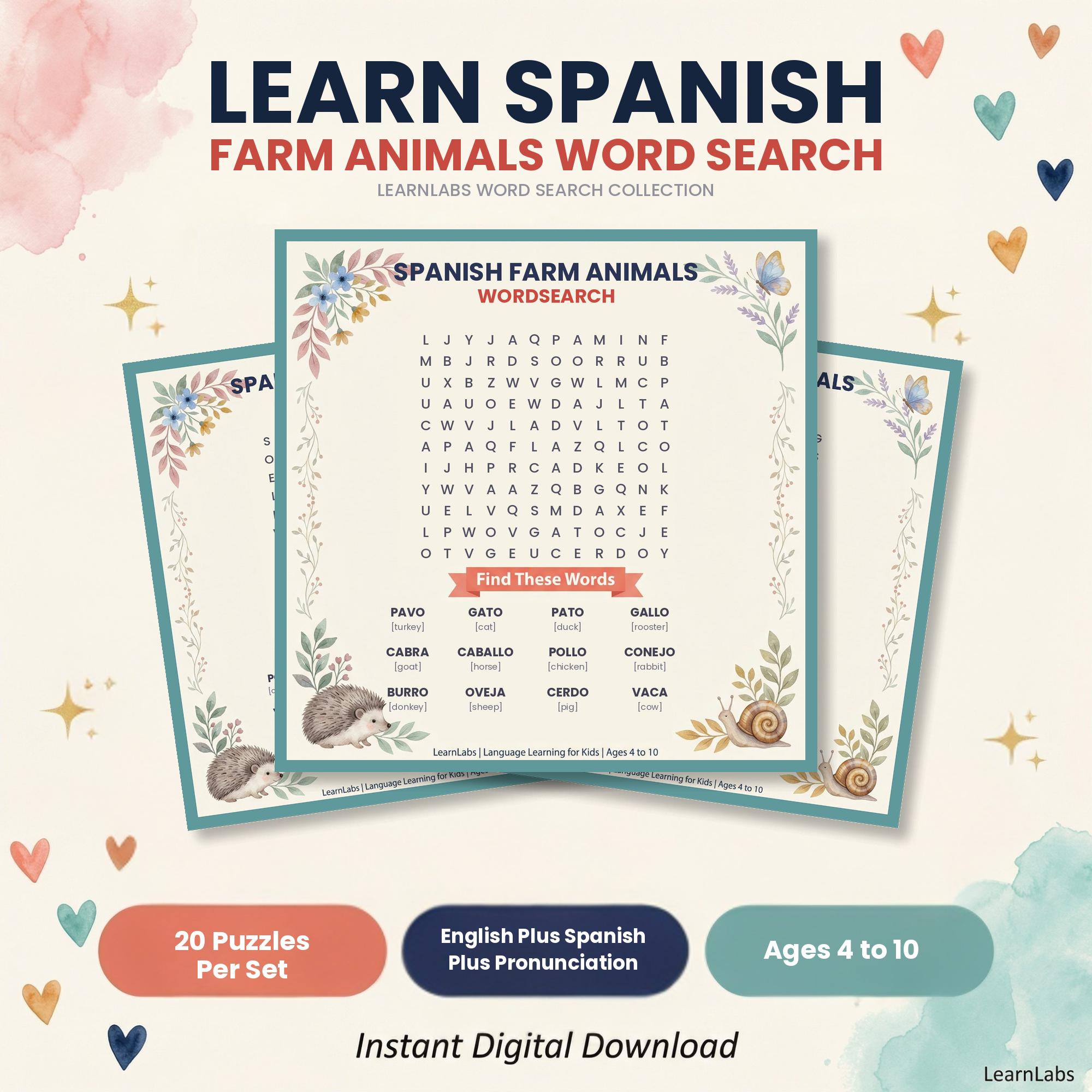 Spanish Farm Animals Word Search – Vocabulary Learning Puzzle (PDF ...