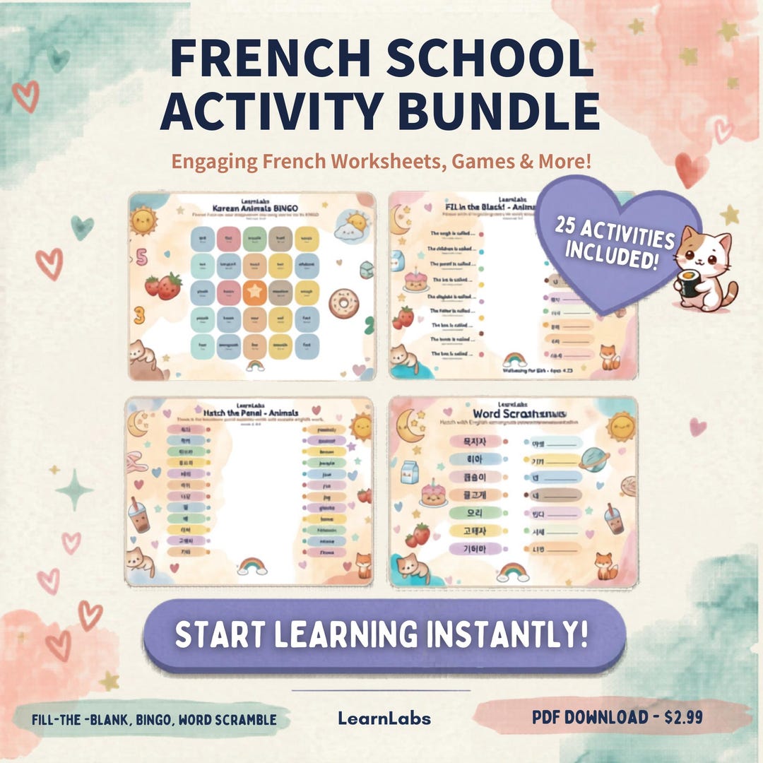 French School Vocabulary Words Activity Pack for Kids – 25 Pages, 5 ...