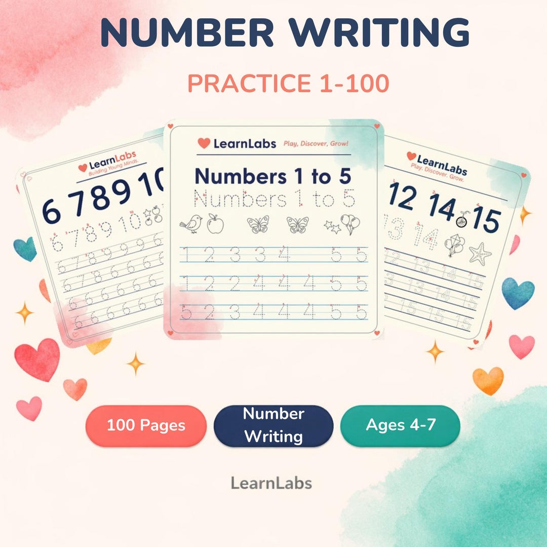 Number Writing Practice Worksheets 1-100: Preschool, Kindergarten Math ...